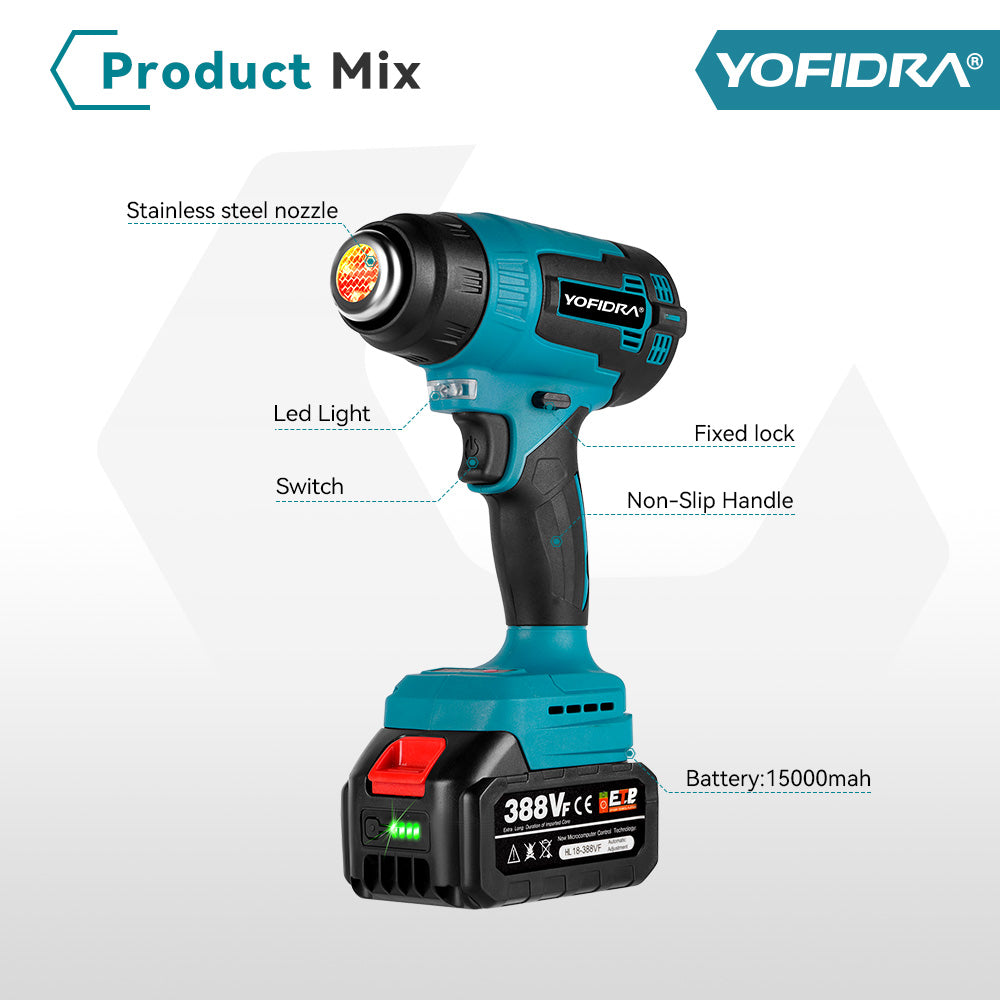 YOFIDRA ProHeat 600℃ Cordless High-Temperature Heat Gun with LED Light